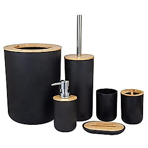 JIANWEI Bathroom Accessories Set, 6 Piece Bath Ensemble Includes Toilet Brush, Soap Dispenser, Waste Bin, Toothbrush Holder, Soap Dish, Cup, Bamboo Decor and Housewarming Gift(Black)