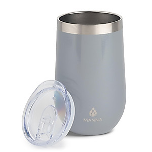 Manna Airén Double Wall Insulated Stainless Steel Stemless Wine Cup Tumbler with Splash-Proof Lid - 16 Oz - Pewter