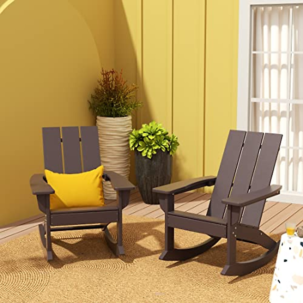 WO Home Furniture Adirondack Rocking Chair Set of 2 PCS Patio All-Weather and UV Protection for Any Outdoor Spaces (Dark Brown)