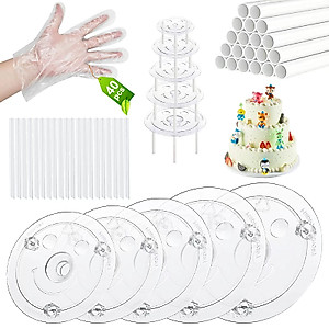 Aufind 85 PCS Plastic Cake Dowel Rods Set, 20 White Plastic Cake Sticks Support Rods with 5 Cake Separator Plates for 4, 6, 8, 10,12 Inch Cakes and 20 Clear Cake Stacking Dowels for Tiered Cakes