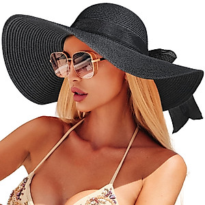 Beach Hats for Women, Straw Sun Hat with Wide Brim, Summer Floppy Beach Hats for Women, Packable Floppy Straw Garden Hat Black