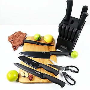 knife set black for Kitchen with Block, Kitchen Knife Sets 16 Piece Kitchen Knives for Chopping, Slicing, Dicing&Cutting,Dishwasher Safe,6 Steak Knives