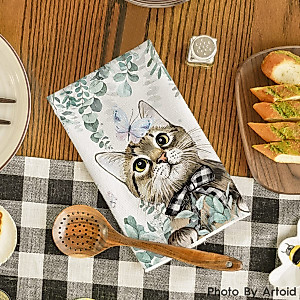 Artoid Mode Eucalyptus Leaves Cat Hello Sweet Kitchen Towels Dish Towels, 18x26 Inch Buffalo Plaid Bow Tie Holiday Decoration Hand Towels Set of 2