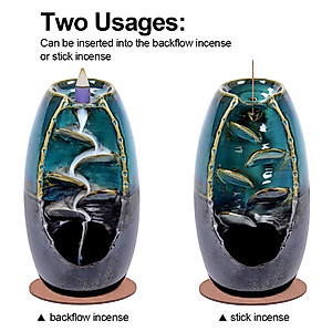 SPACEKEEPER Ceramic Backflow Incense Holder Incense Burner Waterfall, with 120 Backflow Incense Cones + 30 Incense Stick, Aromatherapy Ornament Home Decor, Blue Set