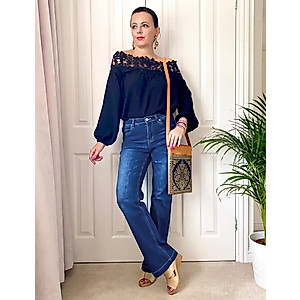 GRAPENT Plus Size Jeans, High Waisted Flare Ripped Stretch Jeans 70s Outfits, Size 12 Wide Leg Pants for Women Color Dark Blue Size 14