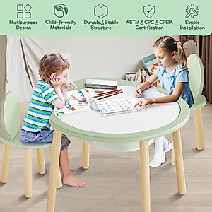 Beright Kids Table and Chairs Set, Kids Wooden Play Table with 2 Chairs, Kids Round Table for Toddlers, Suitable for Bedroom, Playroom and Kids' Room, with Removable Top Panel and Storage Bag, Green