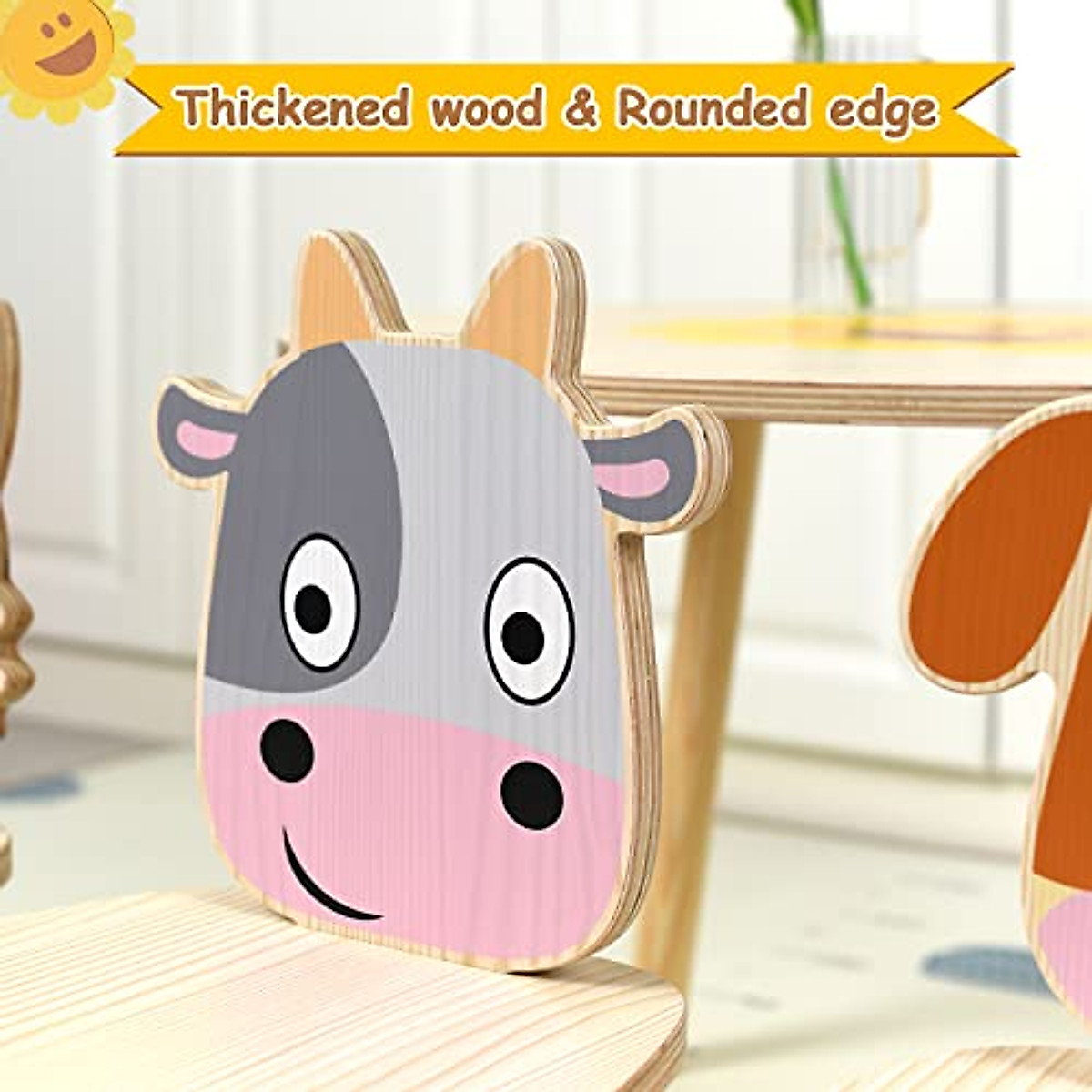 Xylolin Wooden Kids Table and Chairs Set, 4 Pieces Play Table with Animal Themed Chairs for Toddlers Drawing Reading Arts Crafts Snack Time, Boys Girls Playroom School Home Daycare