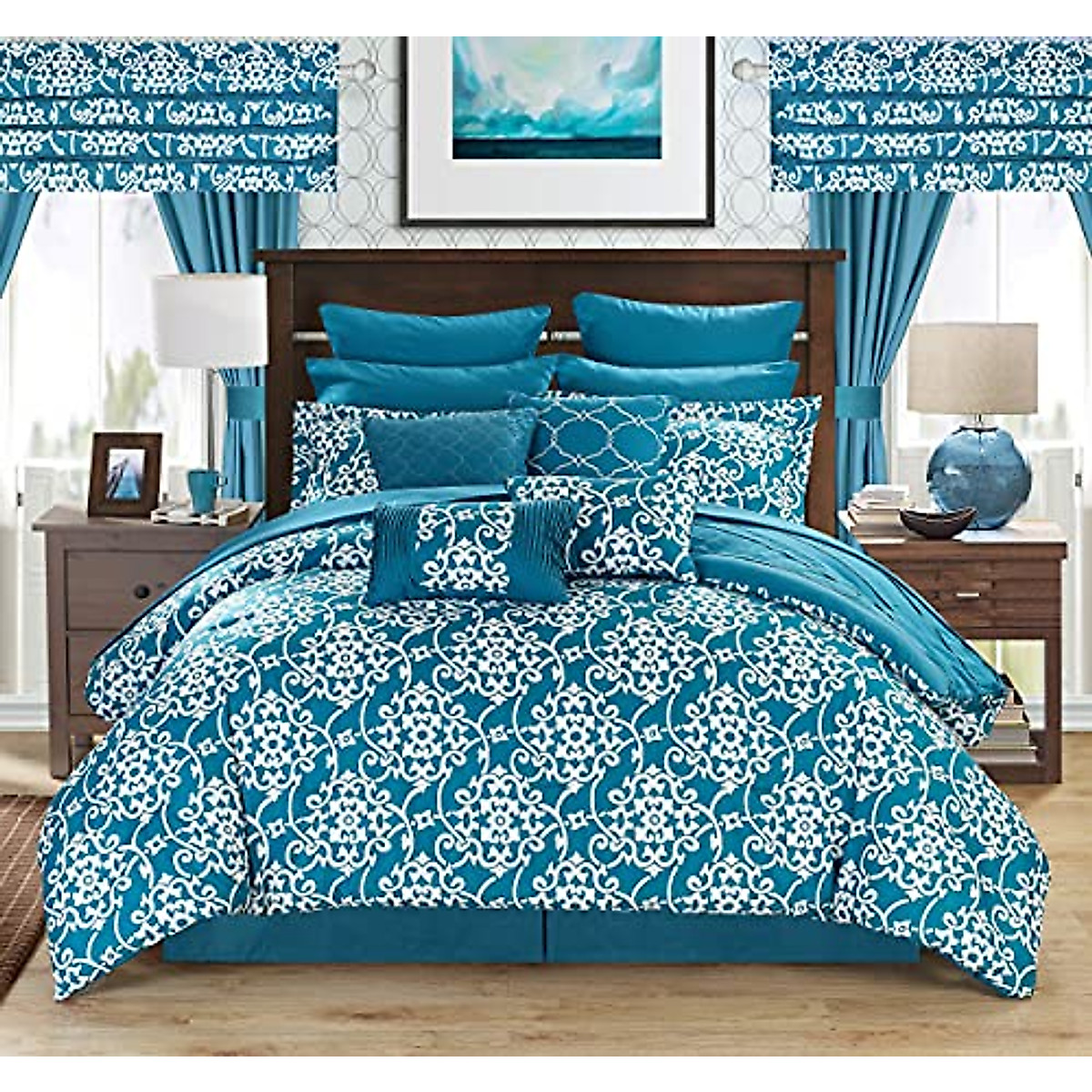 Chic Home Hailee 24 Piece Comforter Complete Bed in a Bag Sheet Set and Window Treatment, Queen, Teal