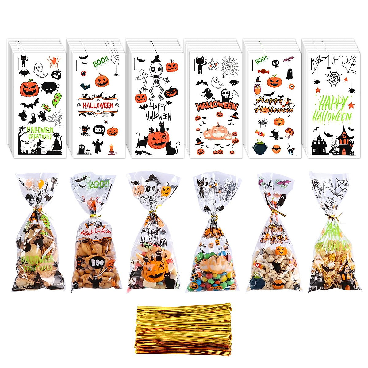 TOEKSIX Halloween Cellophane Treat Bags, 180pcs Halloween Trick or Treat Goodie Bags with 200pcs Gold Twists for Snacks Cookies Candies Packing, Skeleton Man Halloween Candy Bags Party Favor Supplies