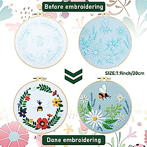 5 Sets Embroidery Starter Kit with Patterns and Instructions Bee Flower Cross Stitch Set for Beginners DIY Adult Kids (as Pictures Shown)