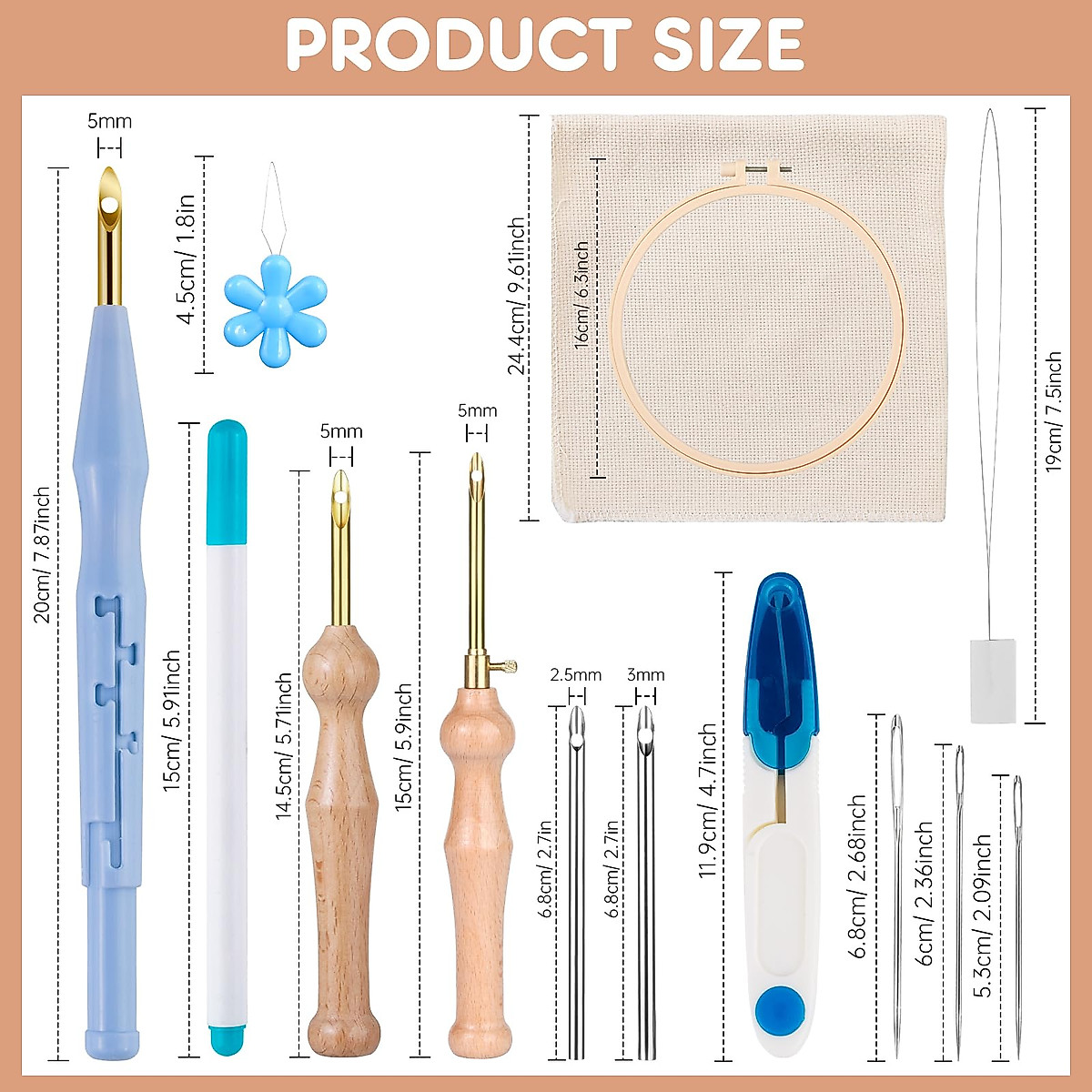 21PC Punch Needle Embroidery Kits Adjustable Punch Needle Tool, Wooden Handle Embroidery Pen, Hoops, Punch Needle Cloth, Punch Needle Kit Adults Beginner DIY Craft, Perfect Decoration and Gifts