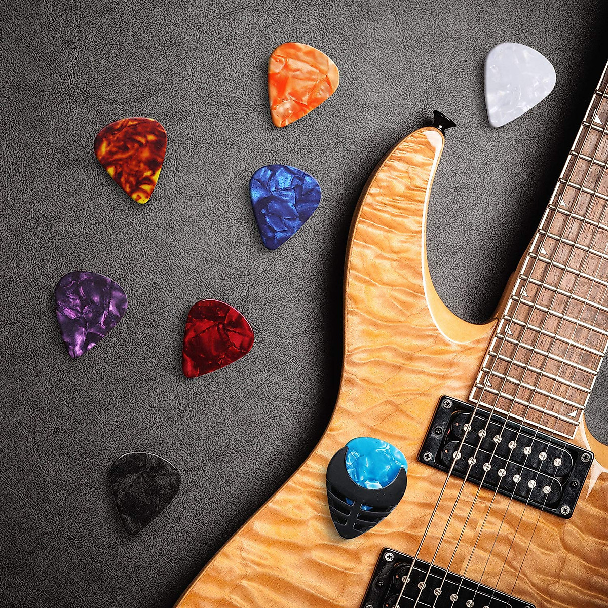 Guitar Picks & Guitar Picks Holder, 2 Black Stick-on Holders, 20 Pieces Guitar Picks, 1 Storage Case, Easy to Paste Suitable for Guitar/Electric Guitar/Bass/Ukulele (Colorful Celluloid Guitar Picks)