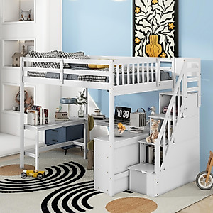 Full Size Loft Bed with Stairs and Desk, Wood Loft Beds with Storage Staircase, High Loft Bed Frame with Bookcase Shelves & L-Shape Desk for Kids, Teen, Boys, Girls, White