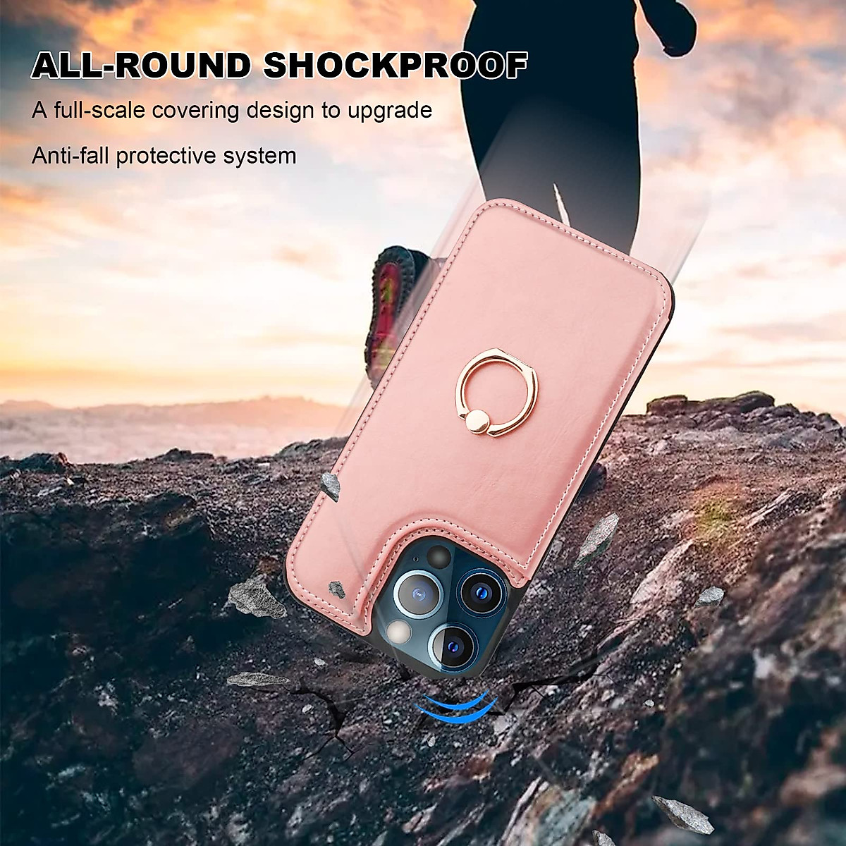 Onetop for iPhone 13 Pro Max Wallet Case with Card Holder, 360° Rotation Ring Kickstand RFID Blocking PU Leather Double Magnetic Clasp Shockproof Cover for Women and Girls 6.7 Inch (Rose Gold)
