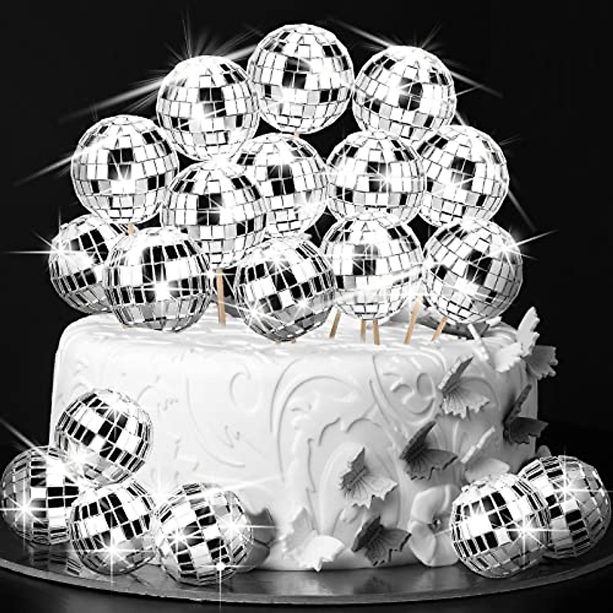 40 Pieces Disco Ball Cupcake Toppers Silver Disco Ball Cake Toppers Disco Ball Centerpiece Decor 70s Disco Theme Cake Decoration for Birthday Disco Theme 70s Party (1.18'')