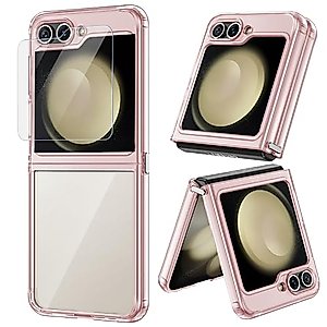 VEGO for Z Flip 5 Case, Ultra Slim Clear Case with Screen Protector, TPU Anti-Drop, Wear-Resistant, Spray Paint Bumper Cover Case for Samsung Flip 5 5G - Pink