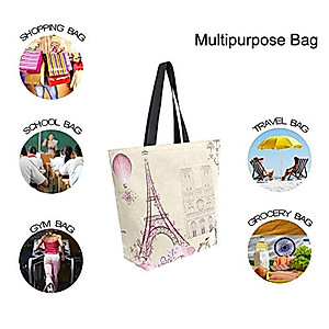 ZZKKO Paris Love Canvas Tote Grocery Bag Shoulder Casual Book Bag Large for Women Teachers, Eiffel Towel Cotton Bag Shopping Purse Handbag Reusable Multipurpose Use
