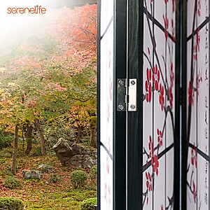 SereneLife Japanese Screen Room Divider - Portable Freestanding Classic Indoor Decorative 4-Panel Separator, Folding Privacy, Dressing Area, Office, Elegant Plum Blossom Design