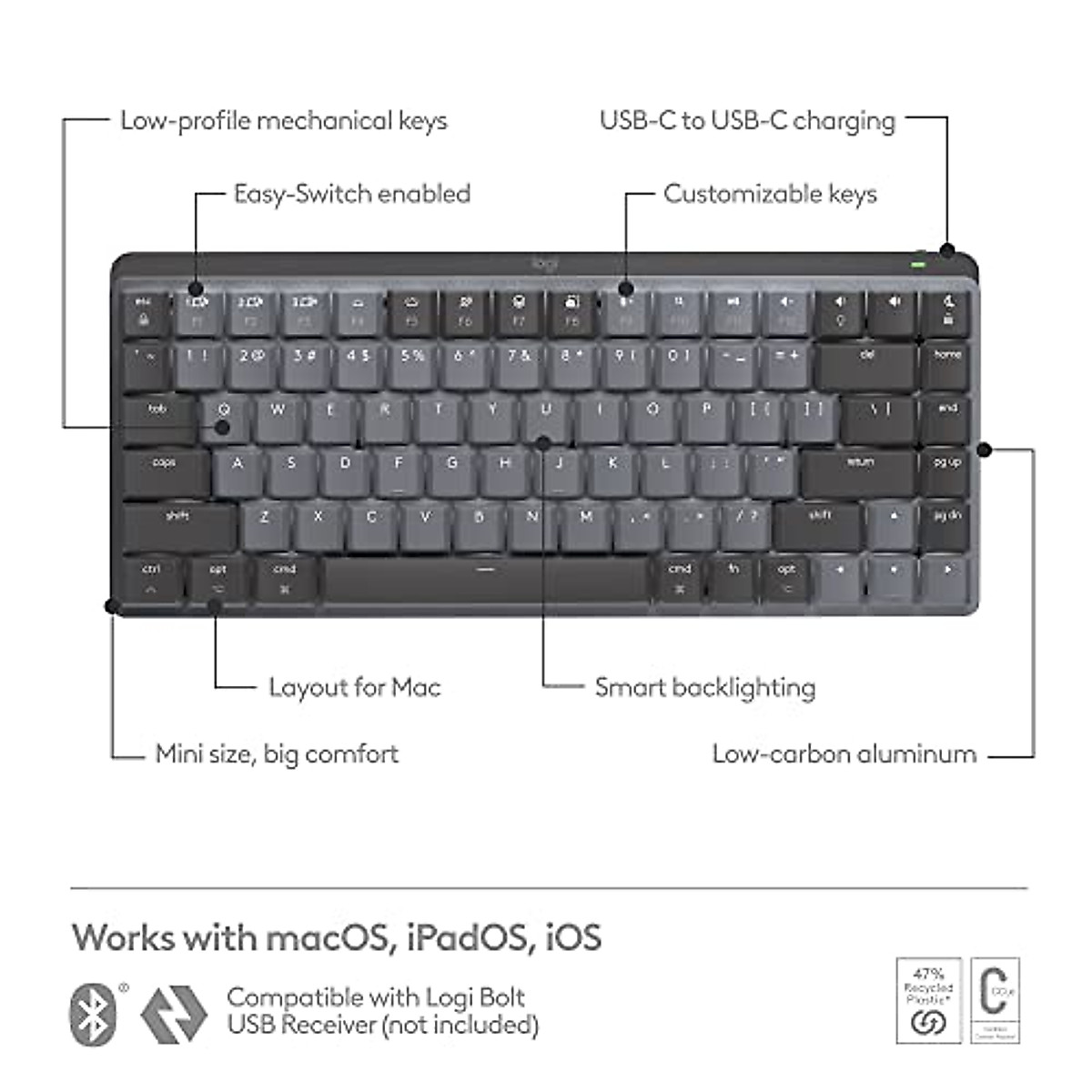 Logitech MX Mechanical Mini for Mac Wireless Illuminated Keyboard, Low-Profile Performance Switches, Tactile Quiet Keys, Backlit, Bluetooth, USB-C, Apple, iPad - Space Grey