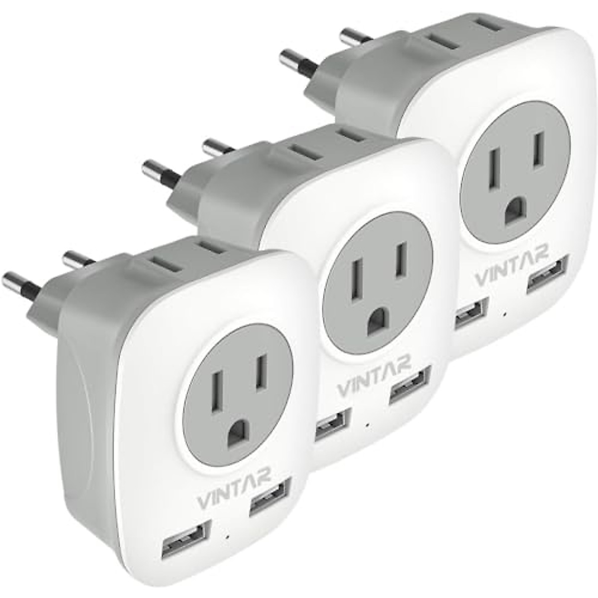 [3-Pack] European Travel Plug Adapter, VINTAR International Power Plug Adapter with 2 USB Ports,2 American Outlets- 4 in 1 Travel Essentials to France, Germany, Greece, Italy, Israel, Spain (Type C)