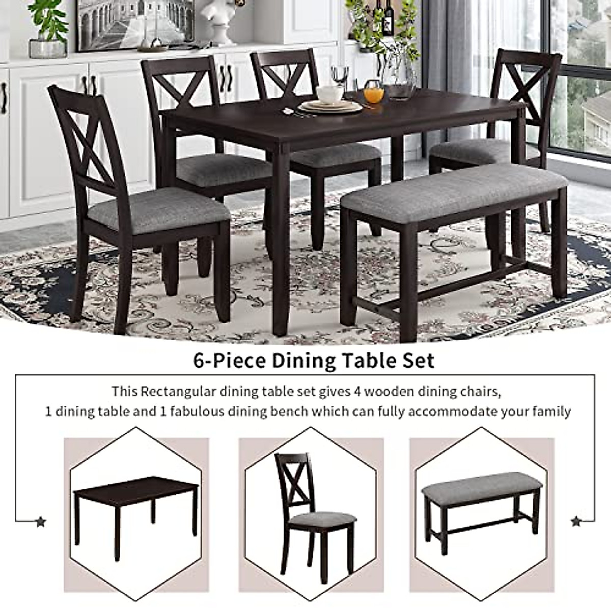 OYN 6-Piece Kitchen Room Sets, Wooden Rectangular Table with 4 Cushion Dining Chairs and Padded Bench,Espresso