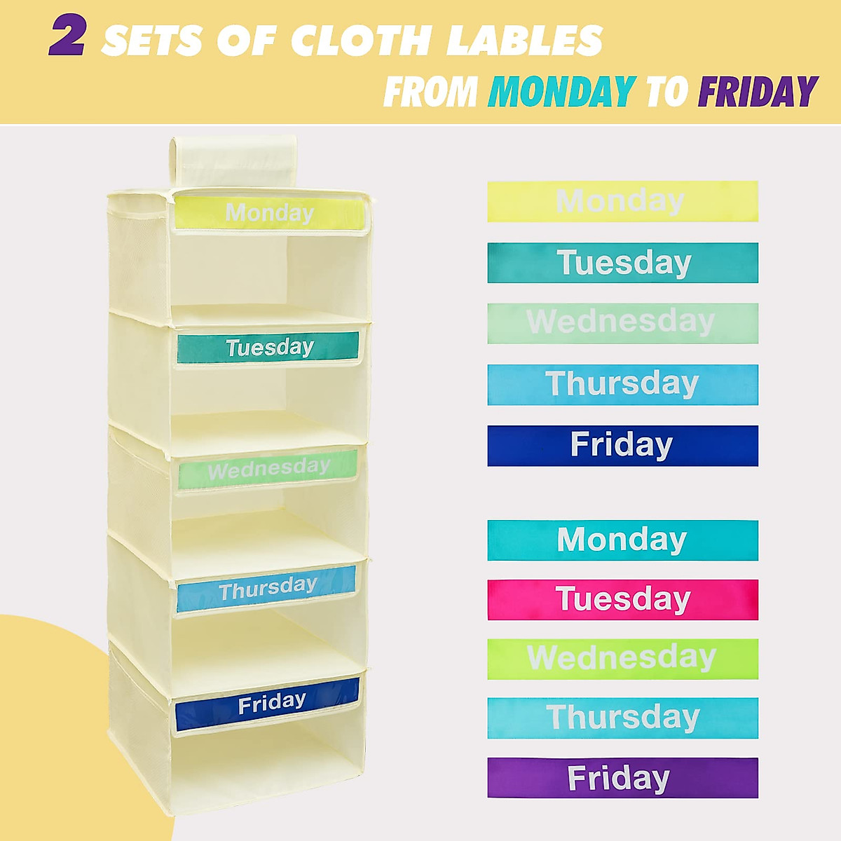 Weekly Clothes Organizer for Kids-Hanging Closet Organizer Kids Weekday-Kids Weekly Clothes Organizer-Days of The Week Clothing Organizer-Monday to Friday Clothes Organizer(Beige)