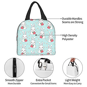 Ucsaxue Cute Bunny With Strawberry And Flowers Lunch Box Reusable Lunch Bag Work Bento Cooler Reusable Tote Picnic Boxes Insulated Container Shopping Bags For Adult Women Men