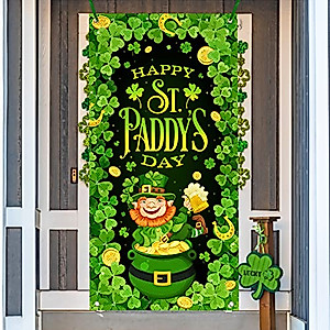 Deroro St. Patrick's Day Door Cover Decorations, Shamrock Clover Leprechaun Door Green Background Banner for Front Door Indoor Outdoor Decor, Irish Party Supplies 35.4 x 70.8 Inch