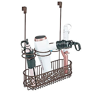 mDesign Bathroom Over the Cabinet Door Hair Care & Styling Tool Organizer Storage Basket for Hair Dryer, Flat Iron, Curling Wand, Hair Straighteners, Brushes - Bronze