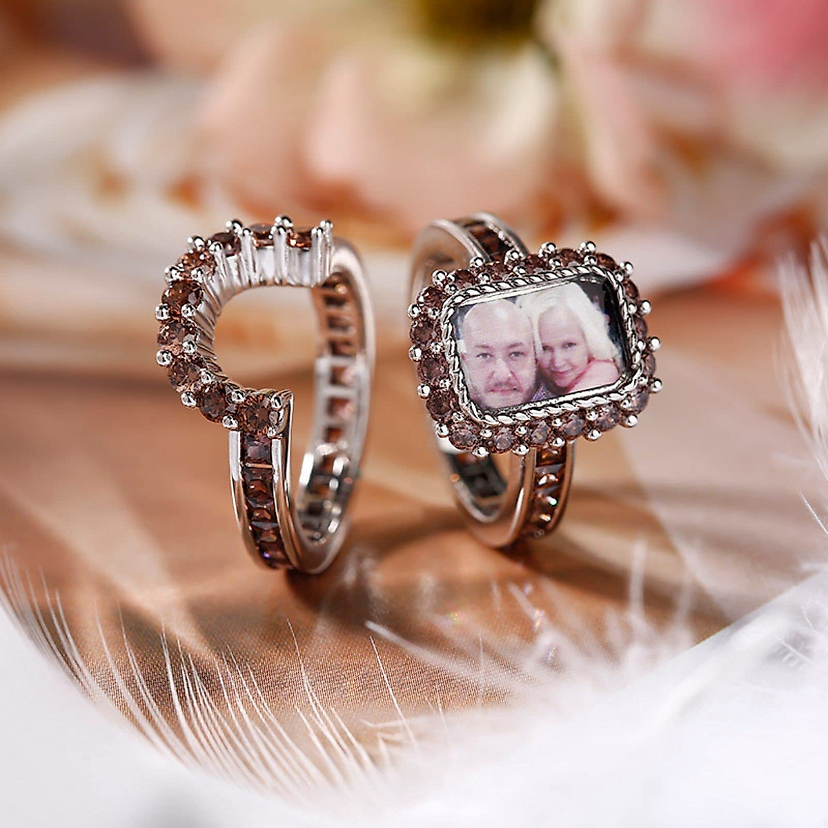 Jeulia Personalized Photo Ring Set Diamond Custom You Are Unique Sterling Silver Band Engagement Anniversary Promise Wedding Rings (Brown, 9)