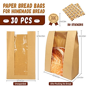 WNSIRVY 30 Pack Large Bread Bags for Homemade Sourdough Bread - Kraft Paper Storage Bakery Bags with Clear Window Bonus 50 Seal Stickers for Sourdough Sandwich (13.7x8.2x3.5 Inches, Brown)