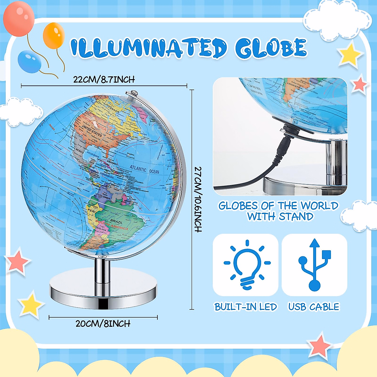 2 Pcs 8.7'' Illuminated World Globe with Stand, World Globe for Kids Learning with Build in Led Night Light, Educational Interactive Globe Lamp Light up Geographic Globes for Home Desk Classroom