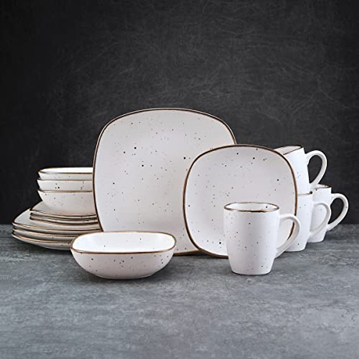 Pfaltzgraff Decker Square 16 Piece Dinnerware Set, Service for 4, White Speckled