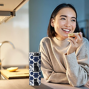 Medpol Cat and floral print tumbler with lid and straw 20 oz insulated tumbler cups Cat and floral print insulated travel coffee mugs for women cute sippy cups stainless insulated travel cups