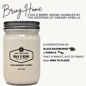 Nika's Home Black Raspberry & Vanilla Soy Candle 12oz Mason Jar Non-Toxic White Soy Candle-Hand Poured Handmade, Long Burning 50-60 Hours Highly Scented All Natural, Clean Burning Gift Décor