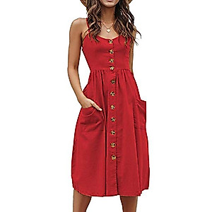Womens Summer Button Down Casual Swing Plain Solid Midi Dress Pockets Red X-Large
