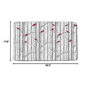 Tree Bird Bath Mat Abstract Birch Tree Forest Red Bird Branches Leafless White Gray Fall Nature Winter Holiday Christmas Bathroom Decor Memory Foam Kitchen Rug,17.8x29.5 Inch