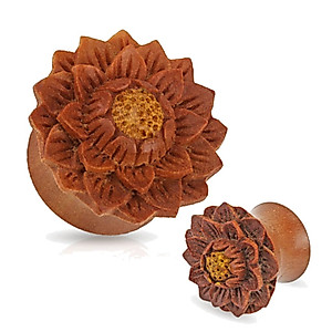 Zaya Body Jewelry Pair of Organic Jackfruit Lotus Flower Wood Hand Carved Ear Plugs Gauges 0g 00g 1/2 5/8 3/4 (0g)