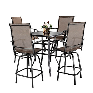 NUU GARDEN 5 Piece Patio Bar Set with Square Silk Screen Bar Height Glass Table and 4 Counter Textilene Height Swivel Chairs for Patio, Yard, Outdoor, Black&Brown