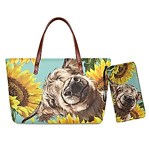 Wideasale Highland Cow Sunflower Printed 2Pcs Handbags Purse Set with Wallet for Women Outdoor Sports Athletic Tote Bags Zippered Large Shoulder Bag