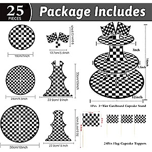 3-Tier Racing Car Theme Cardboard Cupcake Stand/Tower Black and White Checkered Cupcake Stand,24Pcs Racing Flag Cupcake Toppers,Racing Car Party Supplies Black and White Checkered Birthday Party Decor