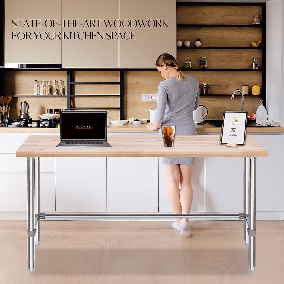 US Maple Top Work Table - 30 x 72 x 35 Inch Commercial Butcher Block Wooden Workbench with Open Base Stabilizing Leg Cross Braces - Fits Restaurant, Warehouse, Home, Kitchen, Garage by DuraSteel