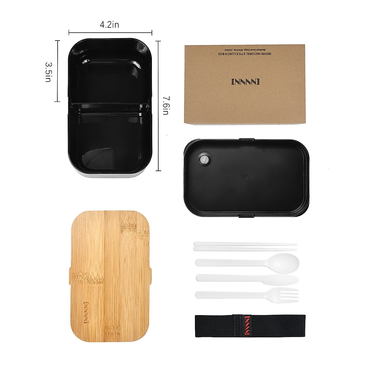 invvni Bento Box Lunch Box Containers for Adults Kids - Natural Bamboo Lid, Cutlery & Chopsticks, Microwave Safe, Dishwasher Safe, Bpa Free, Leakproof, Gifts for Women, Small