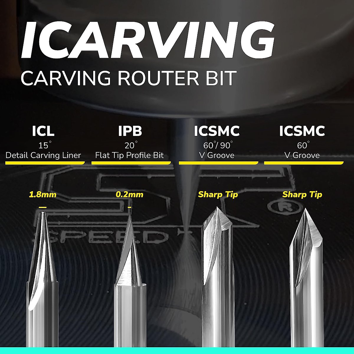 SPEED TIGER Carving Router Bit Set - ICARVE 60° & 90° V Groove, 15° Detail Carving Liner, 20° Flat Tip Profile Bit (4 Pieces) – Mill Bits Sets for DIYers & Professionals