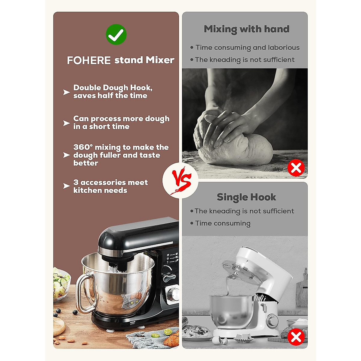 Stand Mixer Fohere, with Double Dough Hook, Wire Whip & Beater, 6+ P Speed Tilt-Head Food Mixer, Pouring Shield for Home Cooking, Dishwasher Safe Stainless Steel Bowl with Handle (Black)