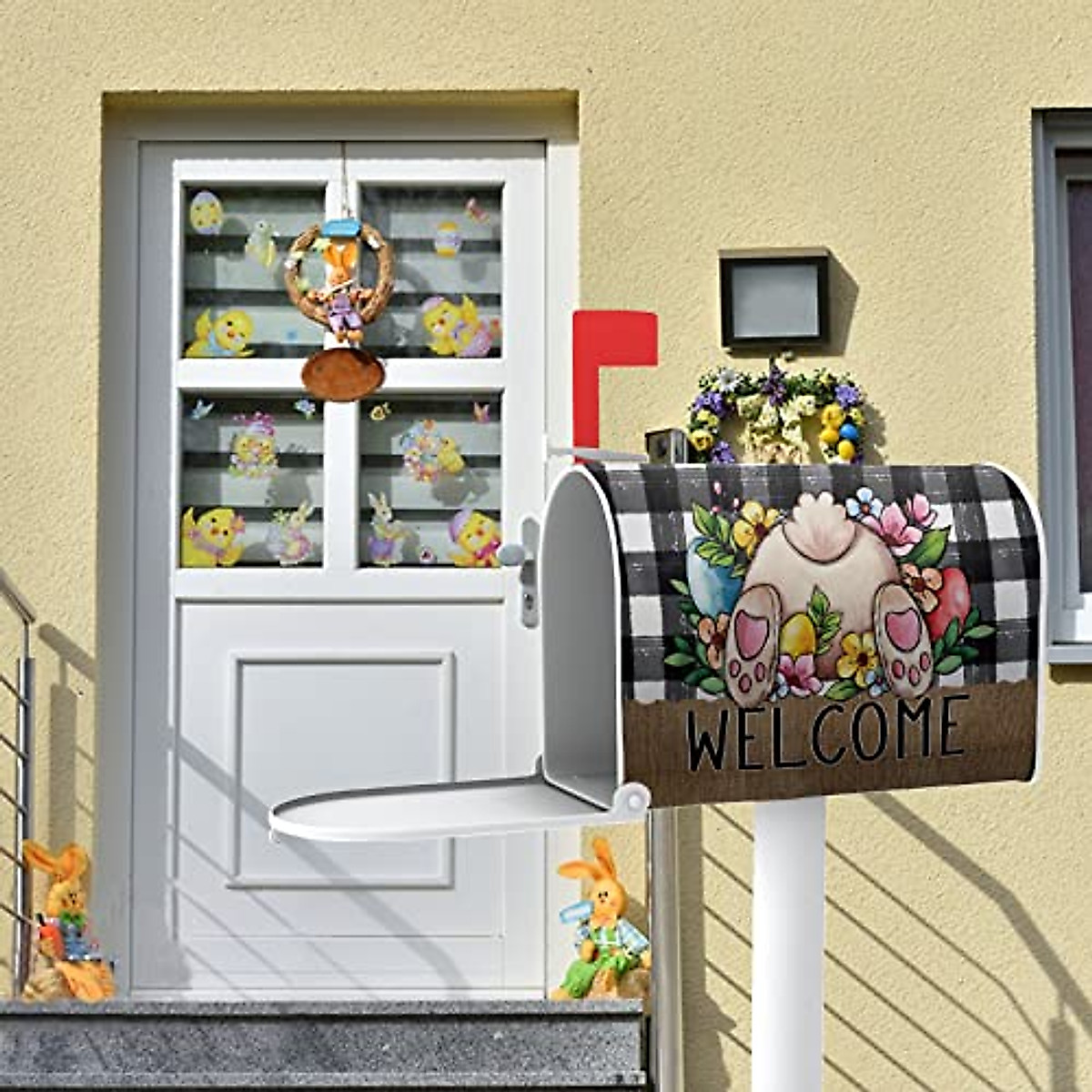 FBCOO Welcome Easter Bunny Rabbit Mailbox Cover Magnetic Standard Size 21" x 19", Eggs Buffalo Plaid Check Decorative Post Letter Box Wrap Decor Funny Farmhouse Garden Yard Outdoor Decoration
