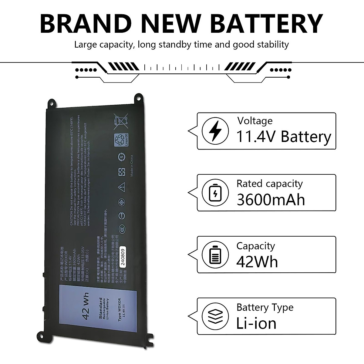 3600mAh 42WH WDXOR Laptop Battery for Dell Inspiron Notebook 13 5368 5378 5379 7368 7378 15 5565 5567 5568 5578 7560 7570 7579 7569 17 5765 5767 5770 Series WDX0R FC92N 3CRH3 High Performance 11.4V