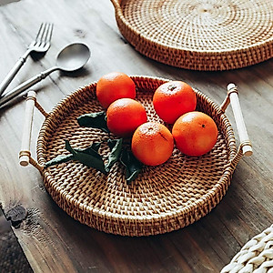 WOSHI 11.02in Rattan Storage Tray Round Basket Wicker Basket Storage Tray with Handle 3 Size Fruit Food Round Basket Display Hand-Woven Rattan Tray (L)