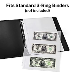 Dunwell Binder Currency Sleeves for Collectors - (25 Pack), Acid-Free 3-Pocket Clear Plastic Currency Pages for Three Ring Binder, Refill Currency Binder Pages for Bills, Banknotes or Coupons