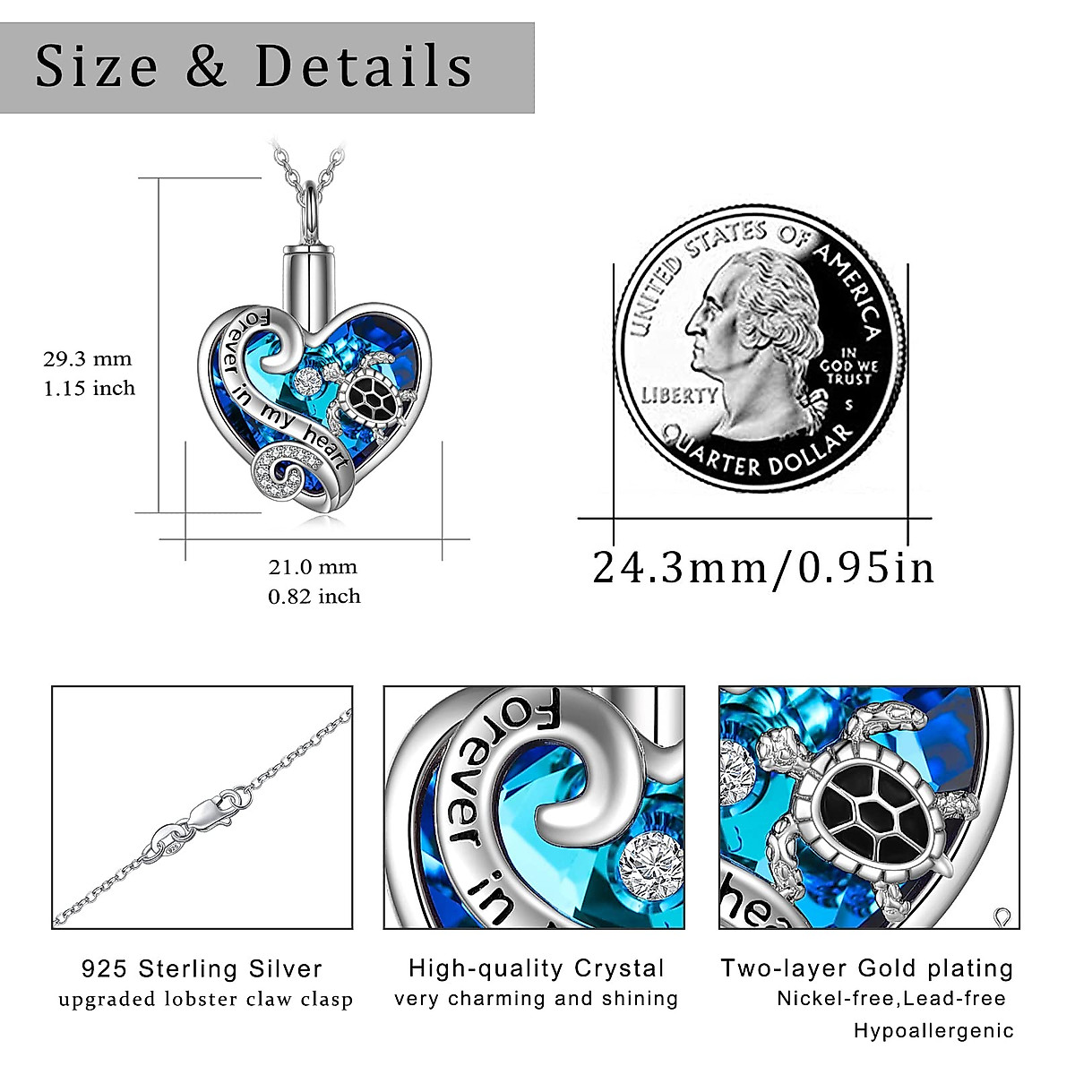 WINNICACA Cremation Jewelry for Ashes for Women Sterling Silver Sea Turtle Urn Necklace for Ashes with Heart Crystal Keepsake Memorial Urn Jewelry Turtle Jewelry for Human Ashes of Loved Ones